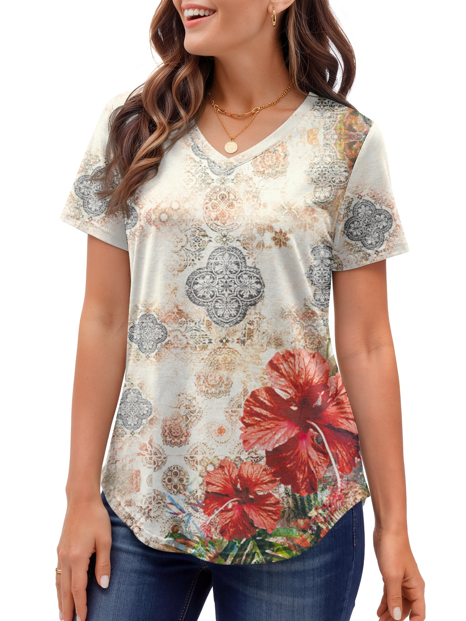 MOSHU Plus Size T-shirts for Women V Neck Summer Tunic Tops Floral ...