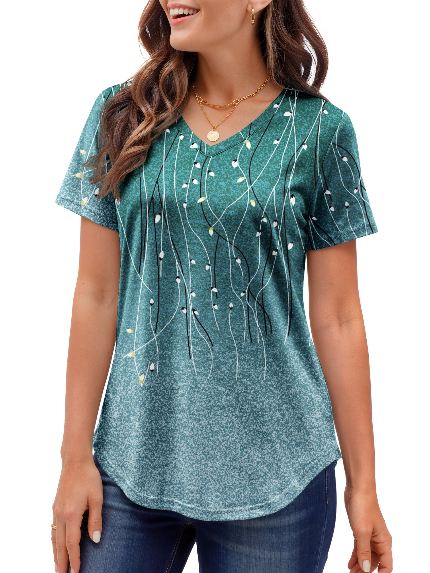 MOSHU Plus Size T-shirts for Women V Neck Summer Tunic Tops Floral ...