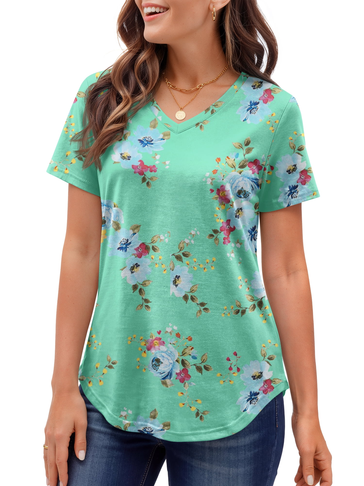 MOSHU Plus Size T-Shirts for Women, V-Neck Summer Tunic Tops, Floral ...
