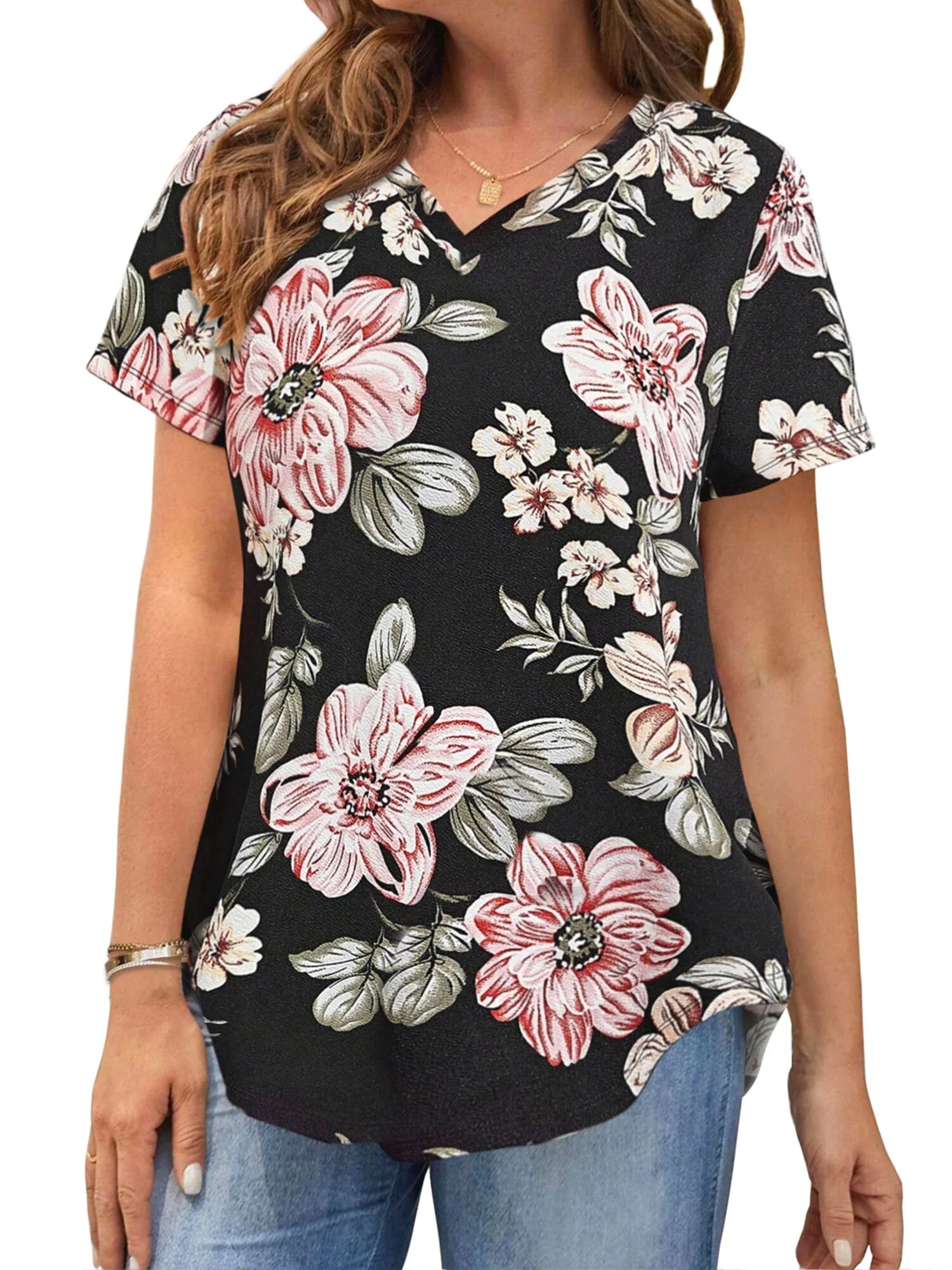 MOSHU Women's Plus Size V Neck Tunic Tops, Floral Print Summer T-Shirts ...