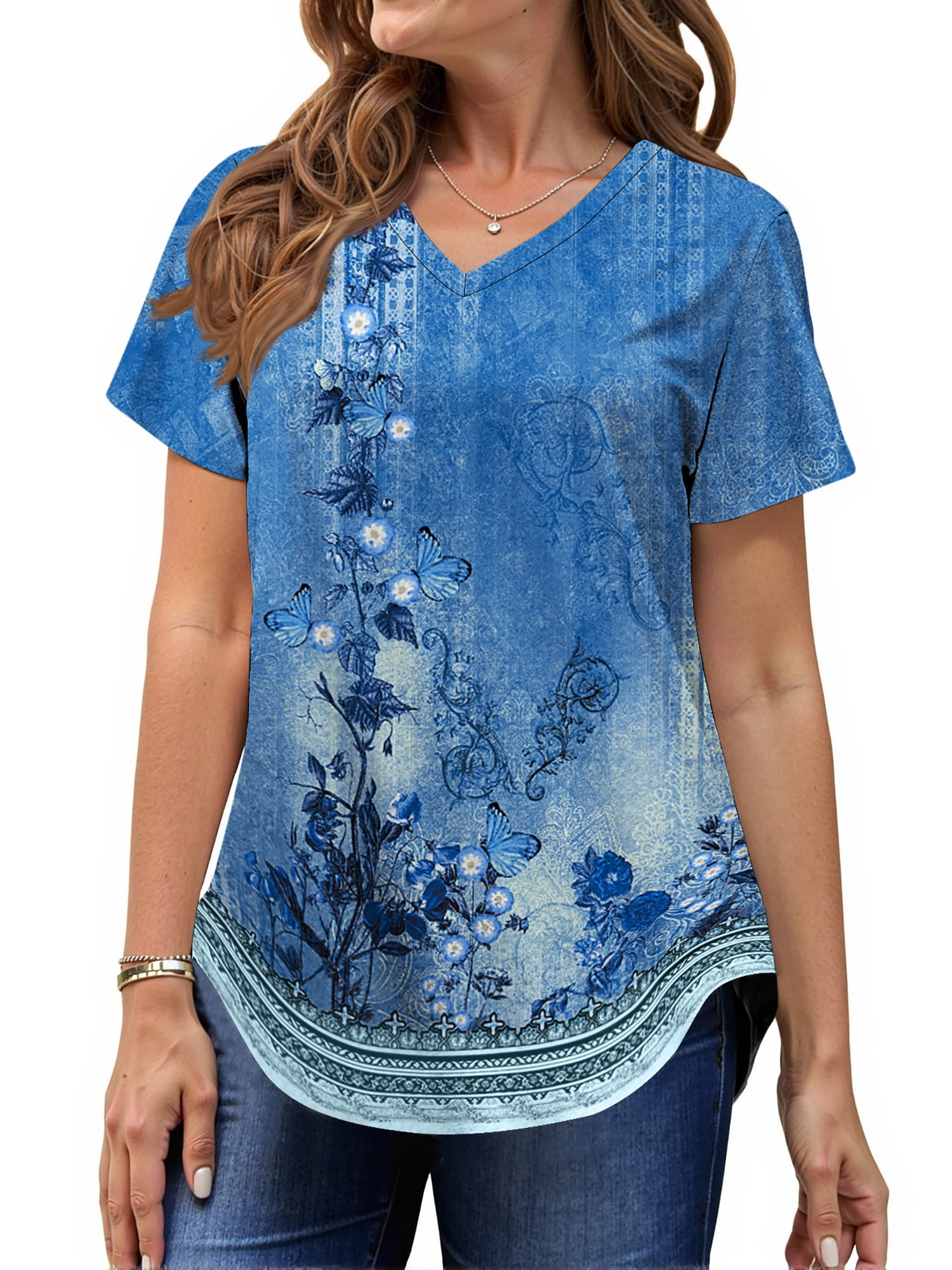 MOSHU Plus Size T-shirts, V Neck Summer Tunic Tops, Floral Print ...
