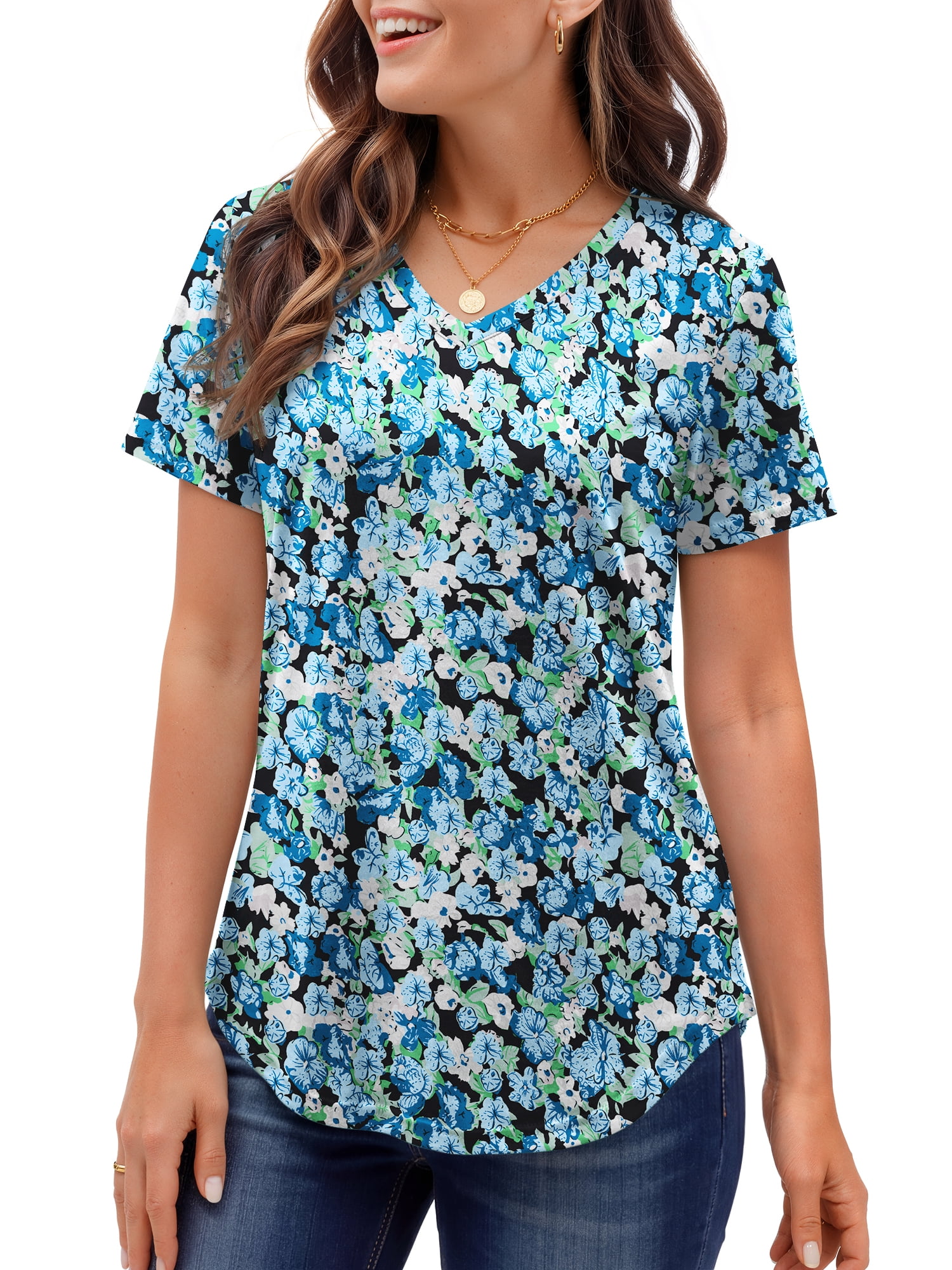 MOSHU Plus Size Womenâ€™s V Neck Short Sleeve Summer Floral Tunic Tops ...