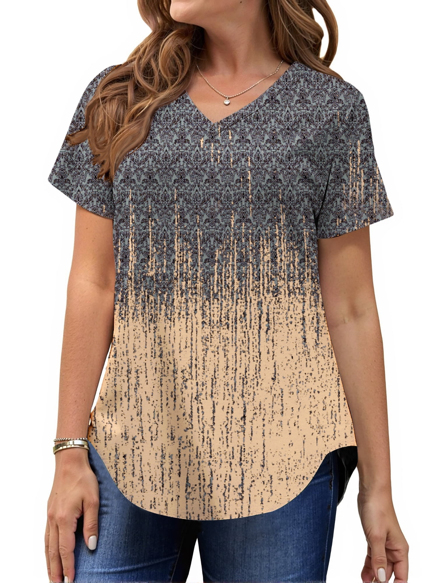 MOSHU Plus Size T-shirts for Women V Neck Summer Tunic Tops Floral ...