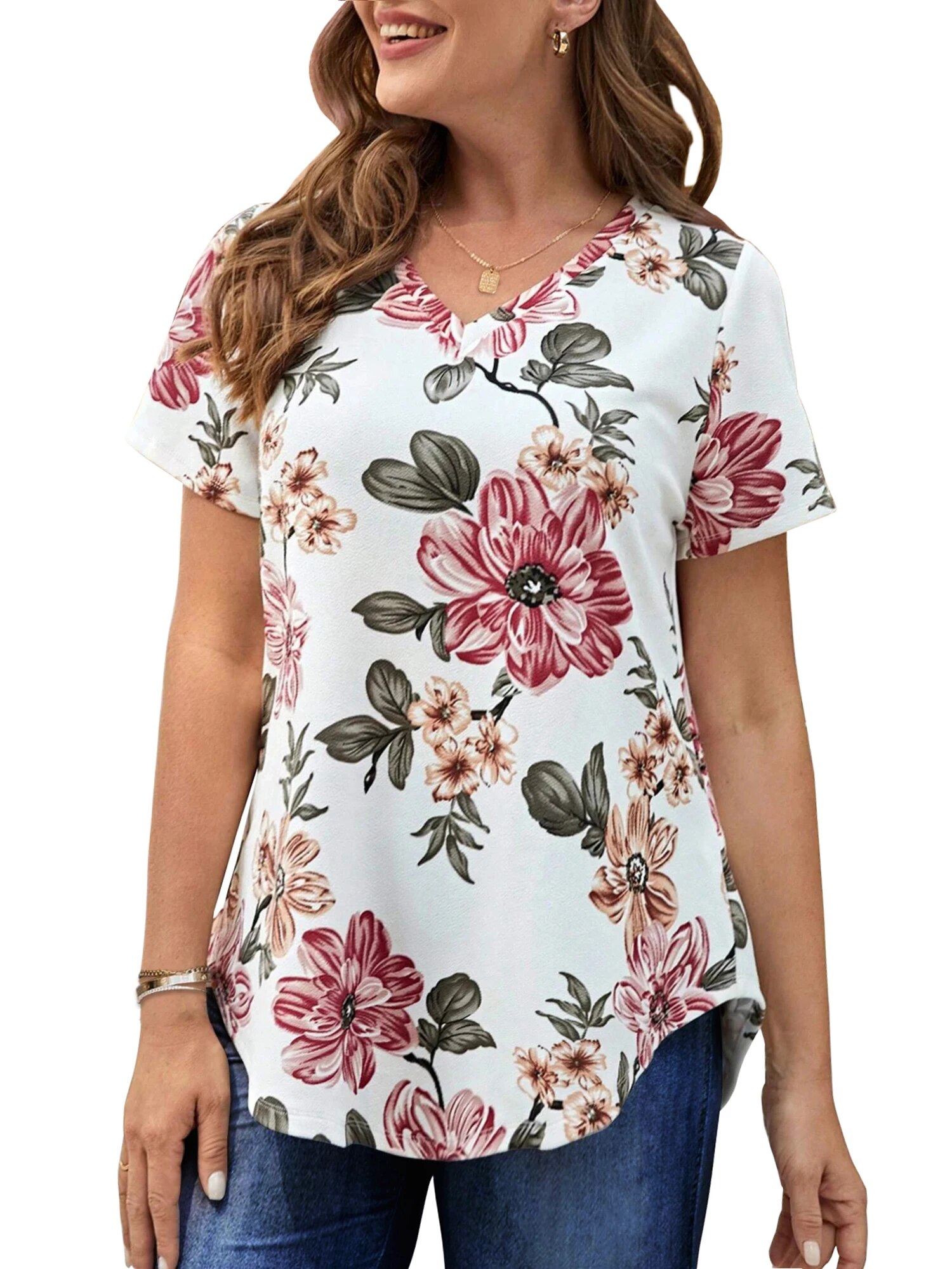 MOSHU Plus Size T-shirts for Women V Neck Summer Tunic Tops Floral ...