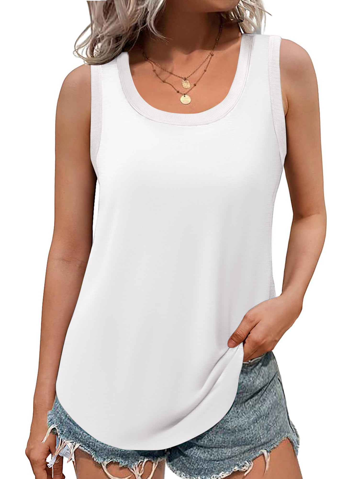 MOSHU Ribbed Trim Tank Tops, Flowy Round Neck Sleeveless Summer Tunic ...