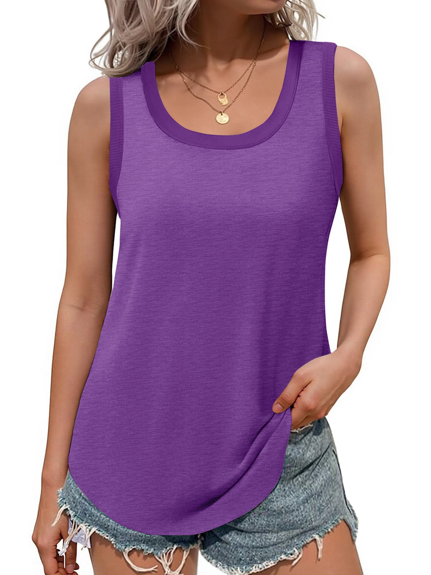 MOSHU Ribbed Trim Tank Tops for Women Flowy Round Neck Women Shirts ...