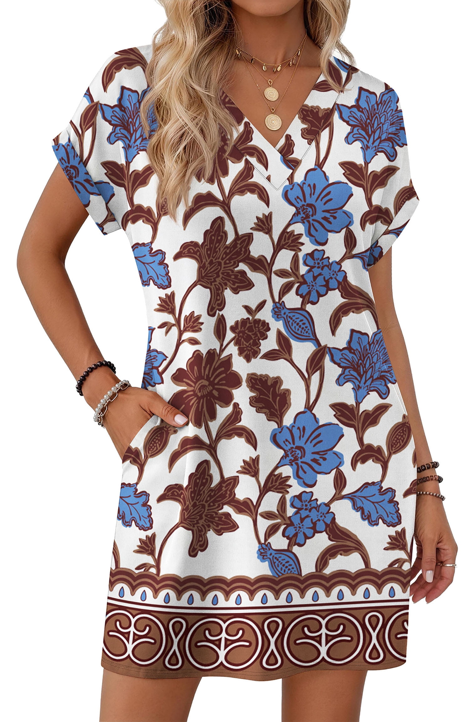 MOSHU Summer Dresses for women V Neck Womens Dresses Short Sleeve ...