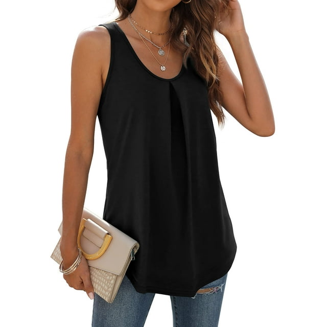 MOSHU Women's V-neck Sleeveless Summer Tank Tops with Pleated Front ...