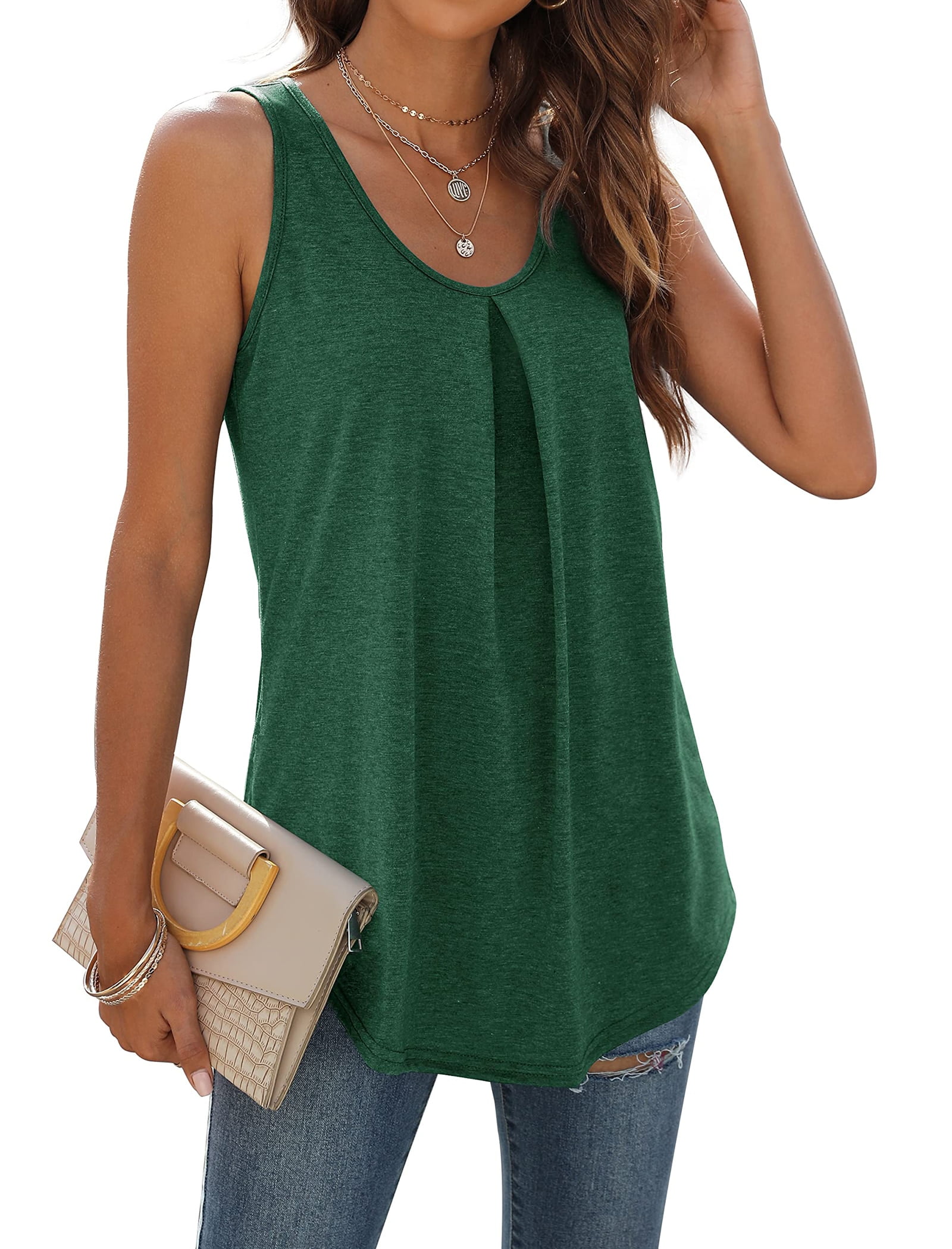 MOSHU Summer Tank Tops, Women V-Neck Sleeveless Shirts, Soft Pleated ...