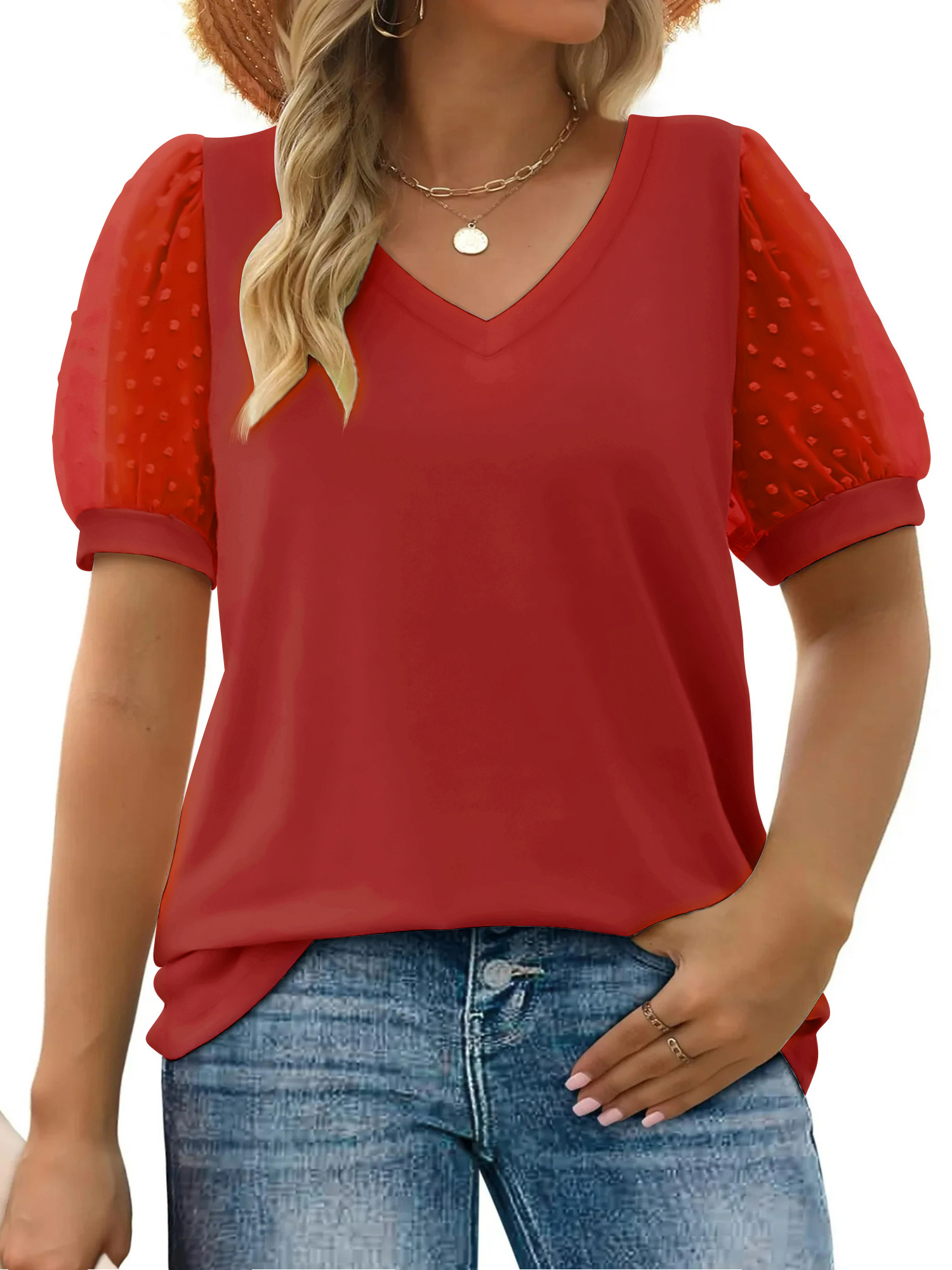 MOSHU Summer Womens Tops Dressy V Neck Blouses For Women Swiss Dot Puff