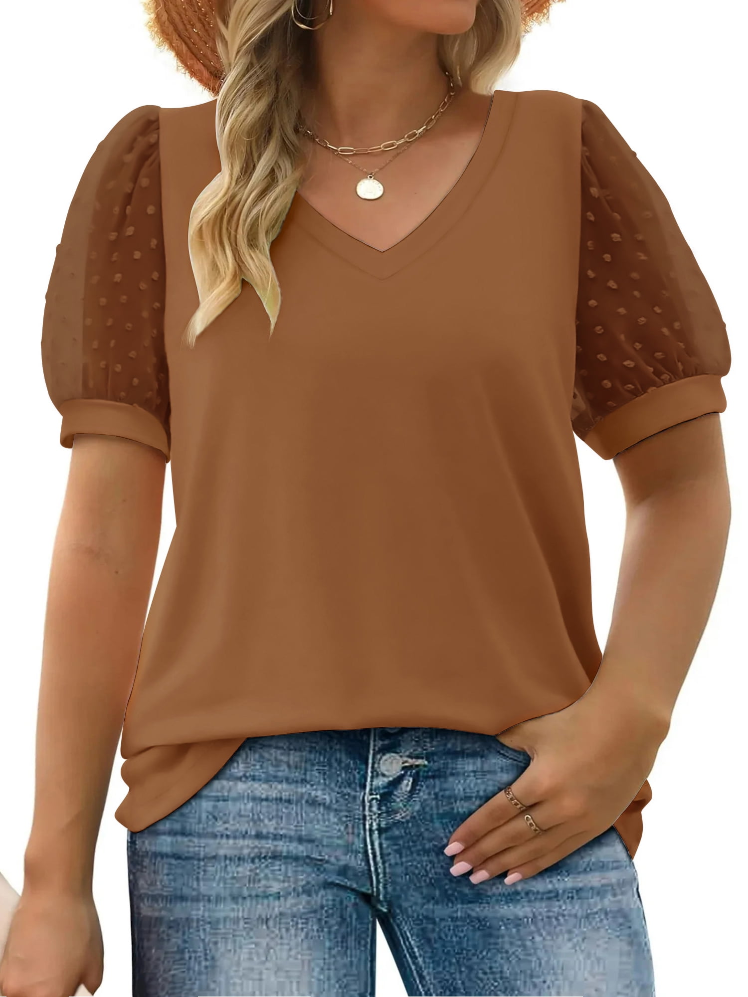 MOSHU Summer Womens Tops Dressy V Neck Blouses for Women Swiss Dot Puff ...