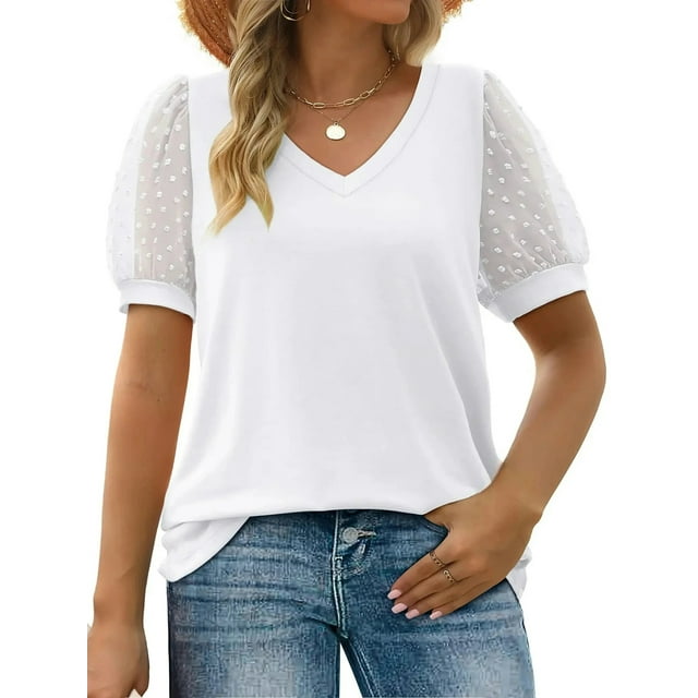 MOSHU Casual Loose Fitting Summer Tops, Dressy V Neck Blouses with Swiss Dot Puff Sleeves for ...