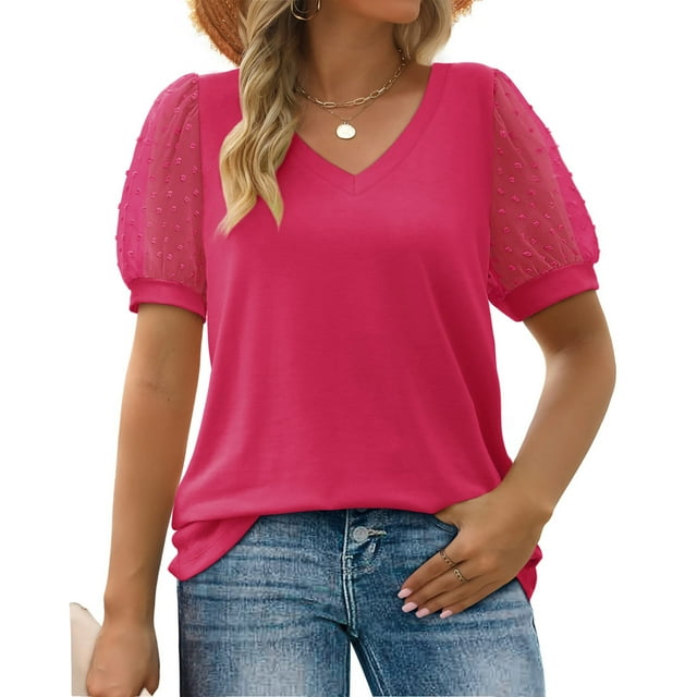 MOSHU Casual Loose Fitting Dressy Summer Tops for Women, V Neck Swiss Dot Puff Sleeve Shirts ...