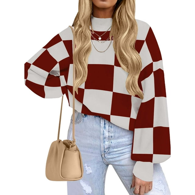 MOSHU Oversized Sweaters for Women Drop Shoulder Plaid Colorblock Tops ...