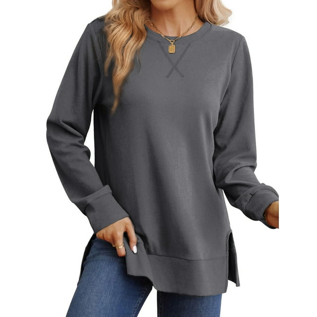 MOSHU Crewneck Sweatshirts for Women Side Split Long Sleeve Shirts ...