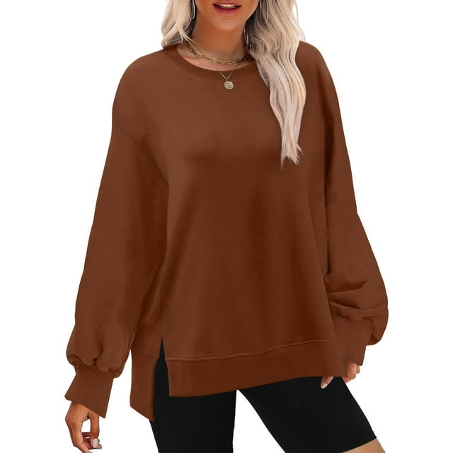 MOSHU Oversized Sweatshirts for Women Crew Neck Long Sleeve Tops Casual Pullover Sweatshirt Side ...