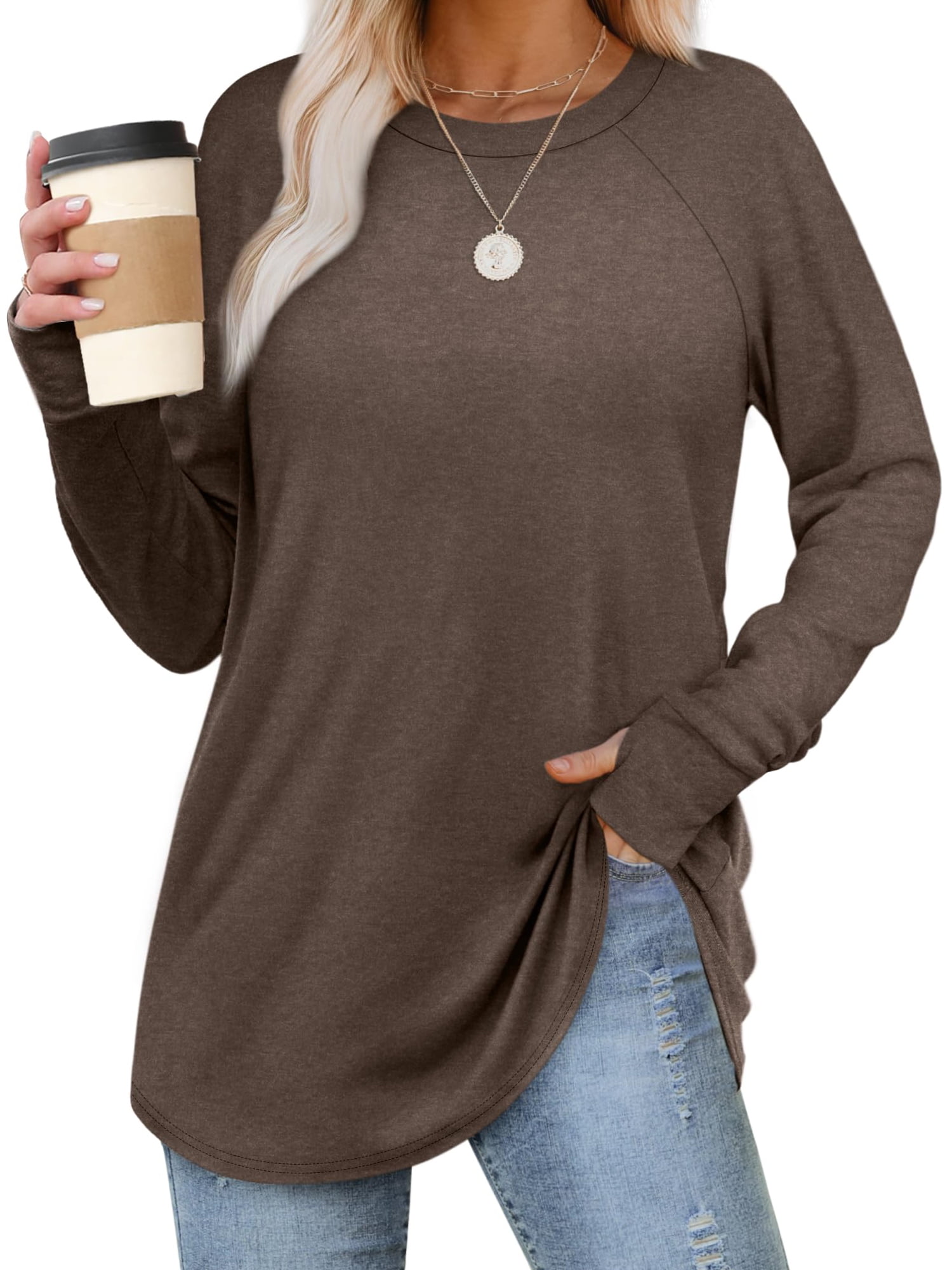 MOSHU Sweatshirts for Women Thumb Hole Long Sleeve Shirts Curved Hem ...