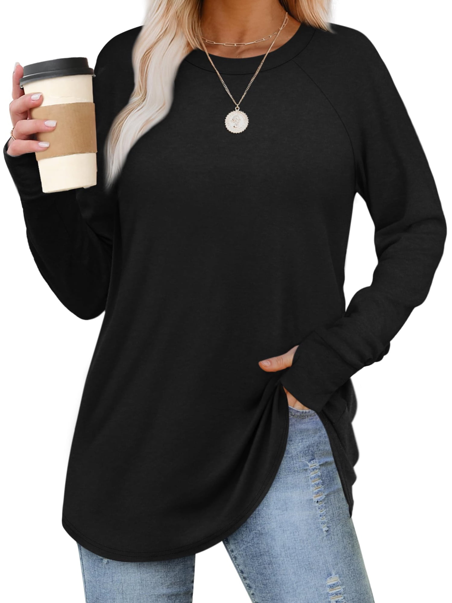 MOSHU Sweatshirts for Women Thumb Hole Long Sleeve Shirts Curved Hem ...