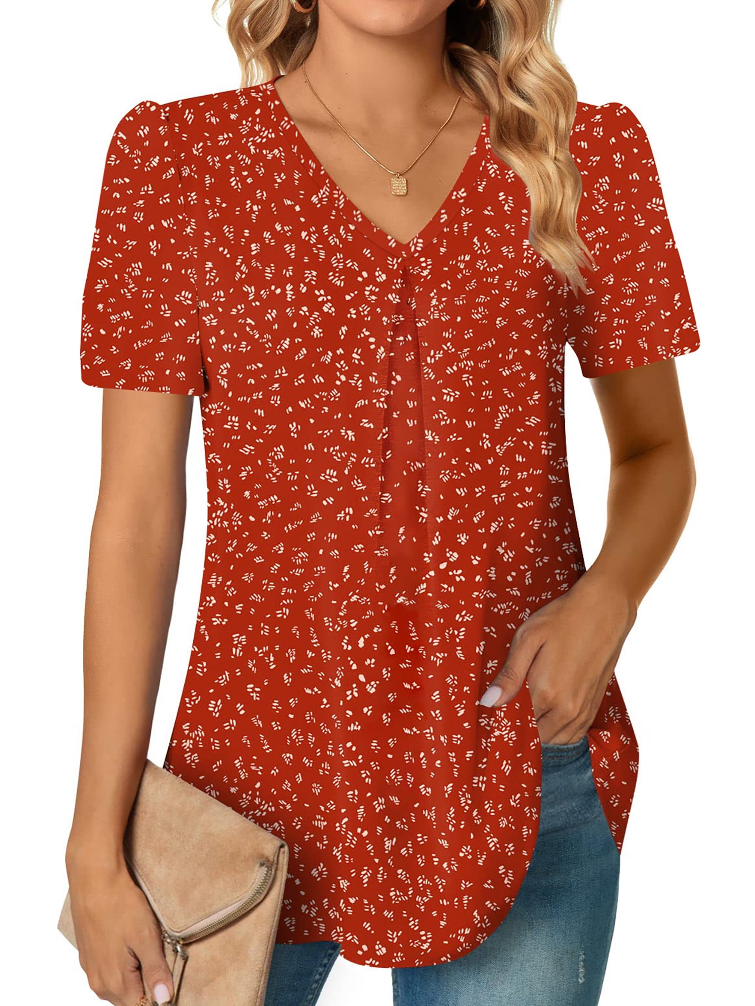 MOSHU Tunic Tops for Women Summer Pleated Printed T-Shirts Short Sleeve ...