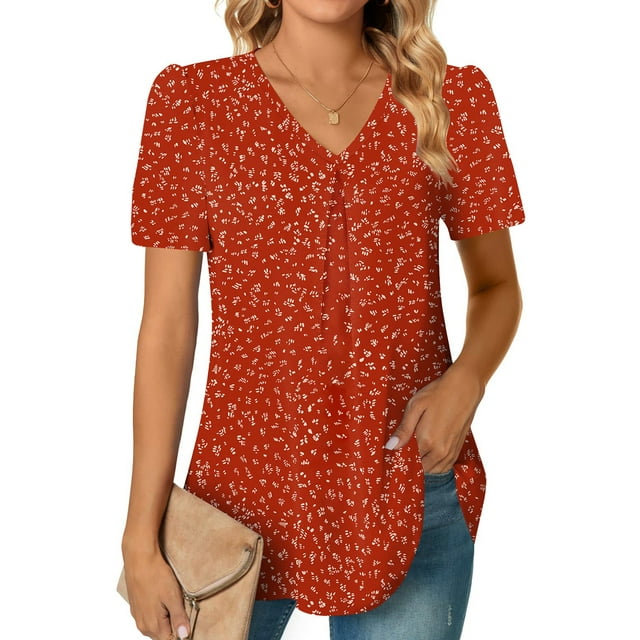 MOSHU Tunic Tops for Women Summer Pleated Printed T-Shirts Short Sleeve ...