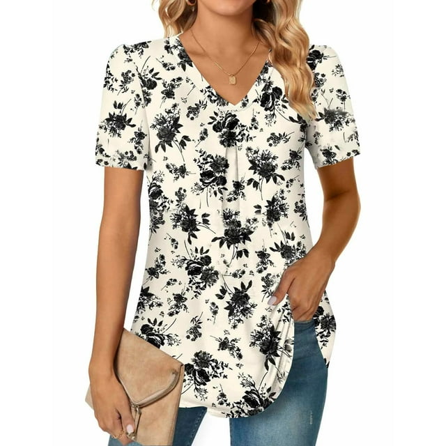 Moshu Womens Pleated Printed Tunic Tops V Neck Short Sleeve Summer