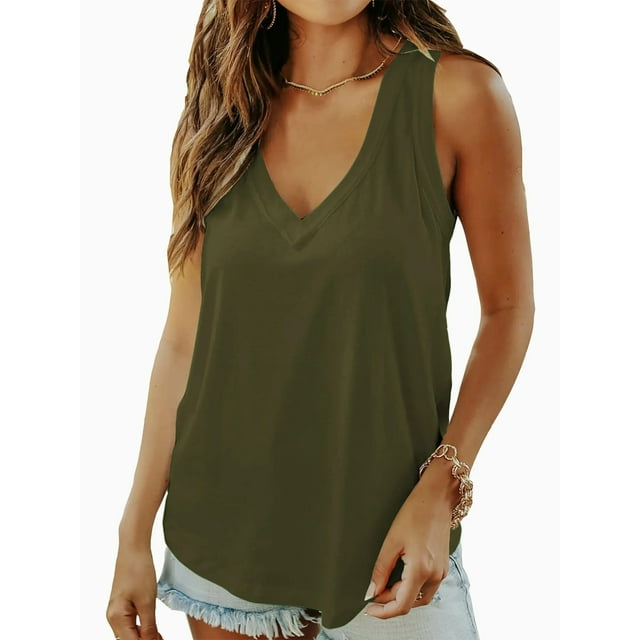 MOSHU Women's Flowy Deep V-Neck Sleeveless Tops - Loose Fit ...