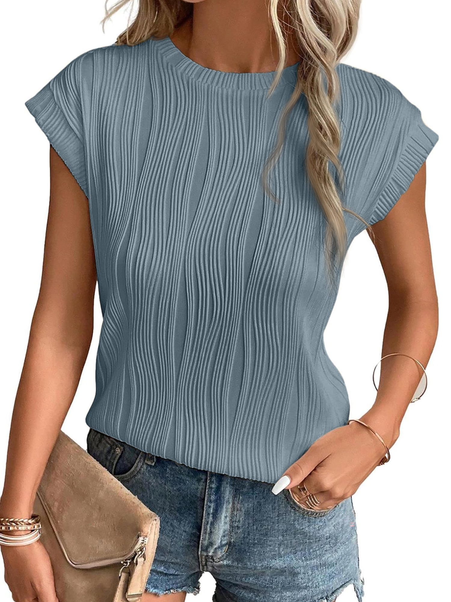 MOSHU Womens Textured Summer Tops, Crewneck Tee Shirts, Cap Sleeve ...