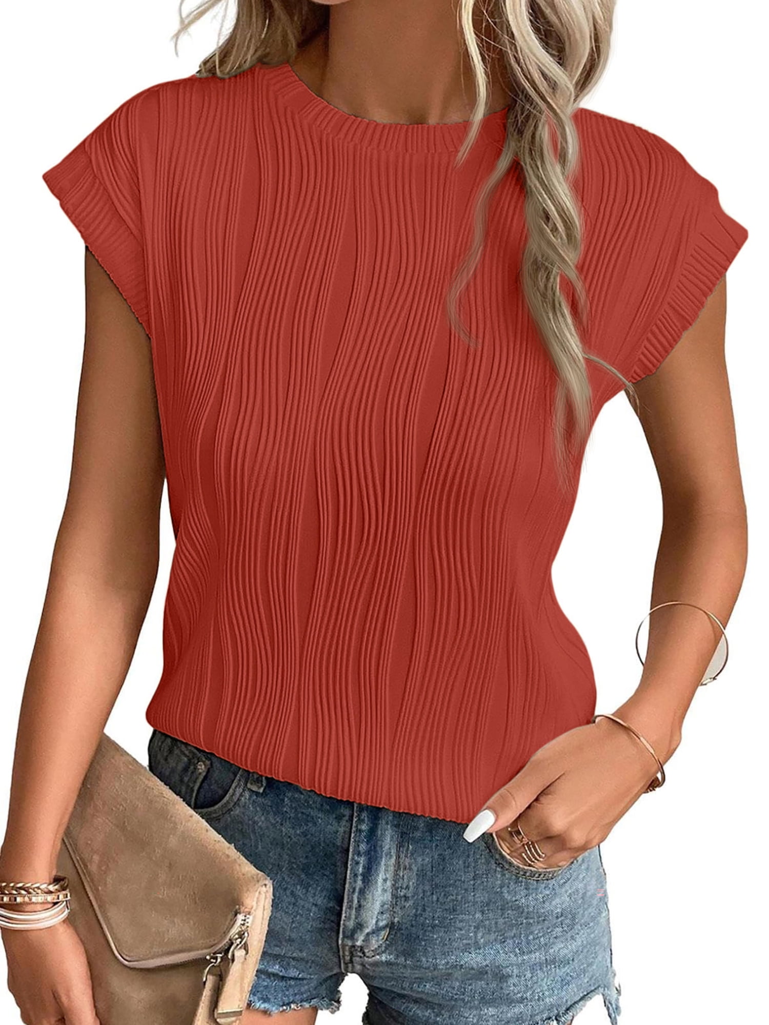 MOSHU Womens Textured Tops, Crewneck Basic Tee, Cap Sleeve Summer ...