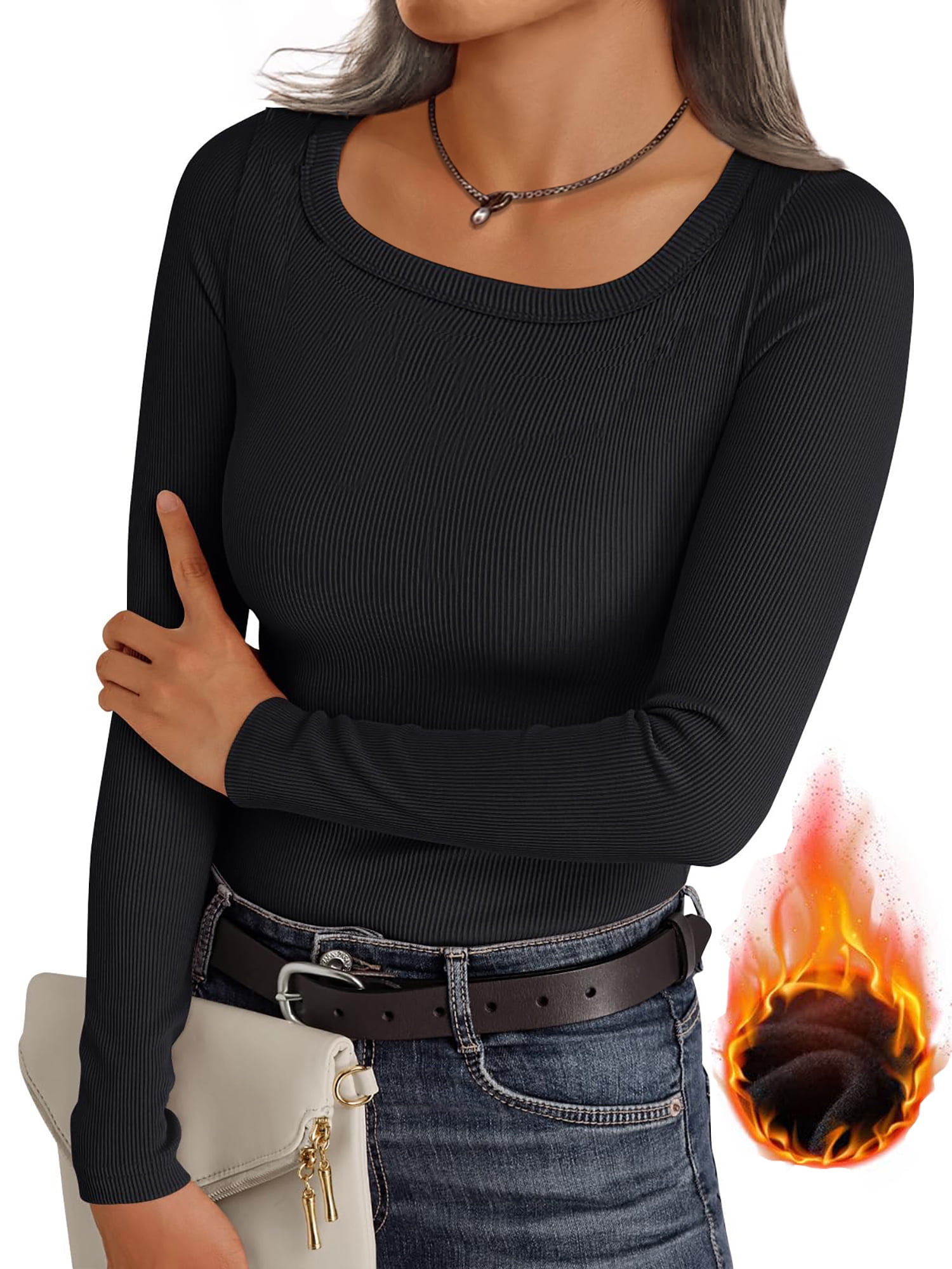 MOSHU Thermal Tops for Women Scoop Neck Slim Fit Basic Top Ribbed ...