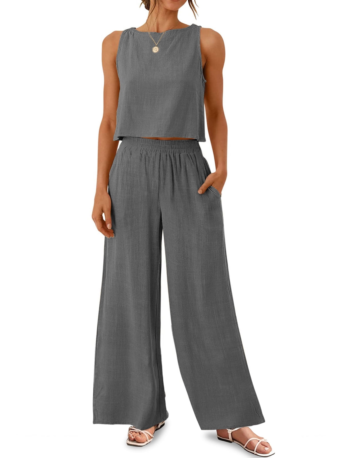 MOSHU Two Piece Lounge Sets for Women Loose Fit Tank Tops and Wide Leg ...