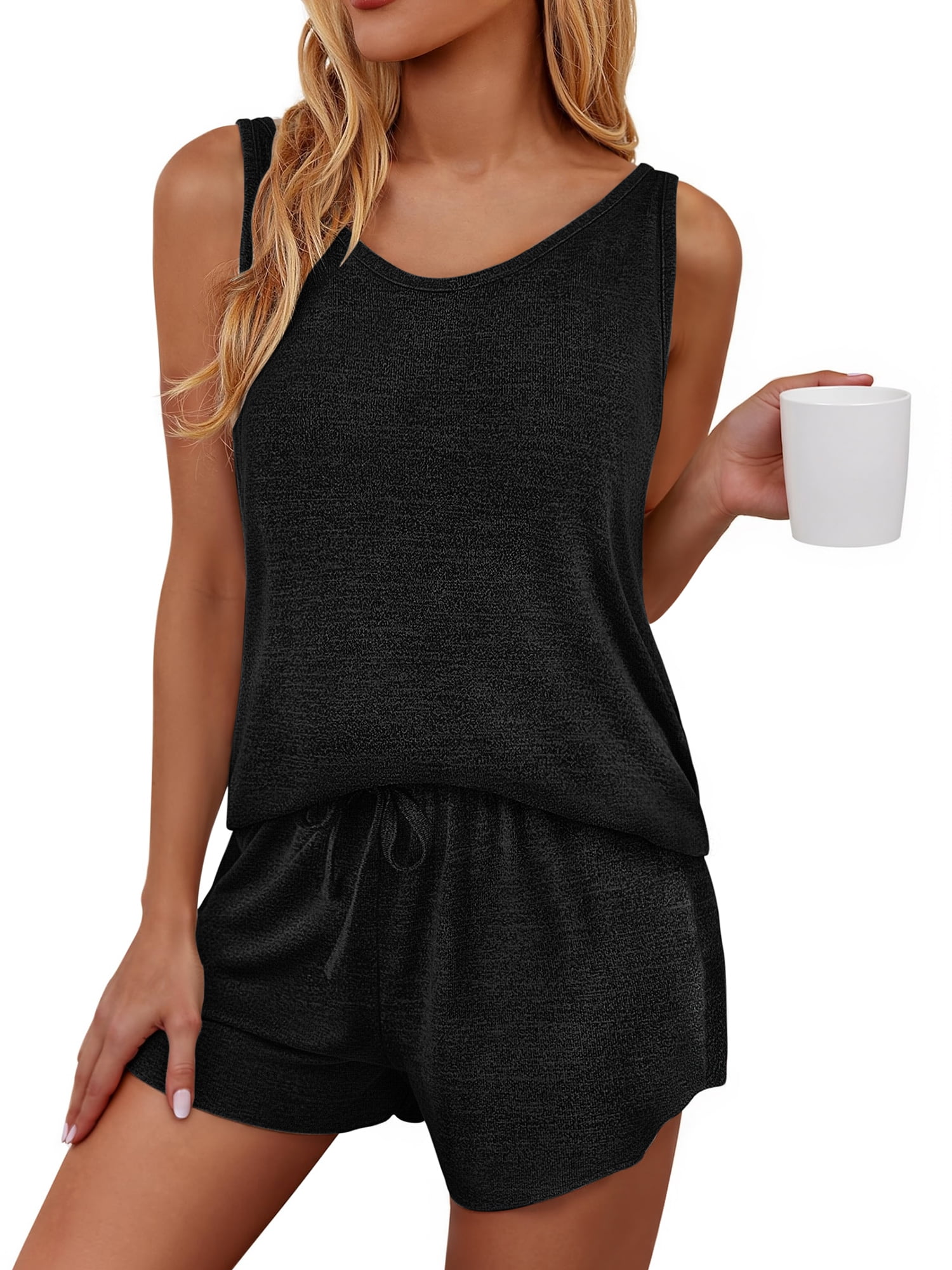 MOSHU Women's Two Piece Sleepwear: Sleeveless Solid Tank Tops and Knot ...