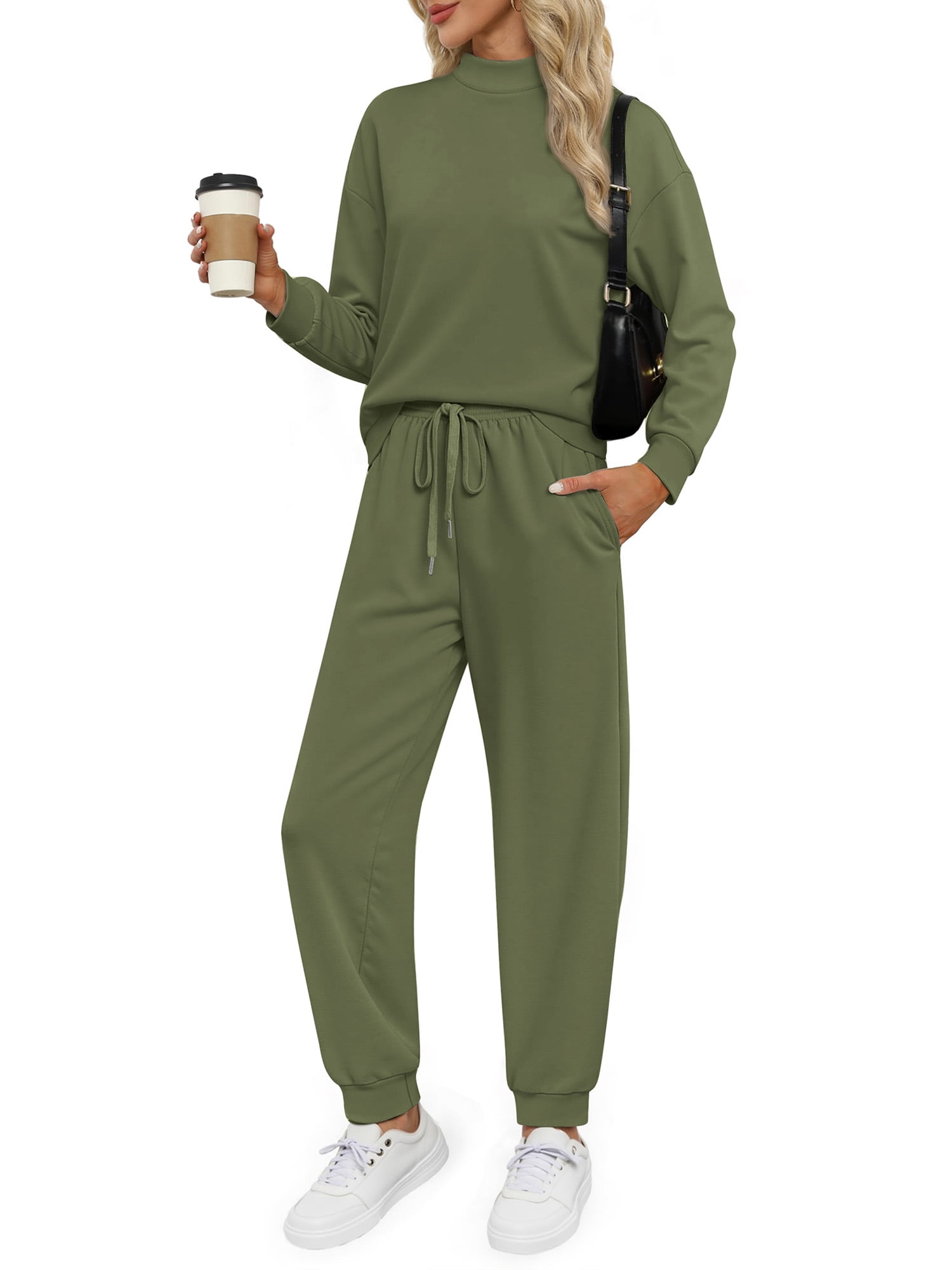 MOSHU Two Piece Sets for Women Casual Lounge Sets Mock Neck Sweatshirts ...