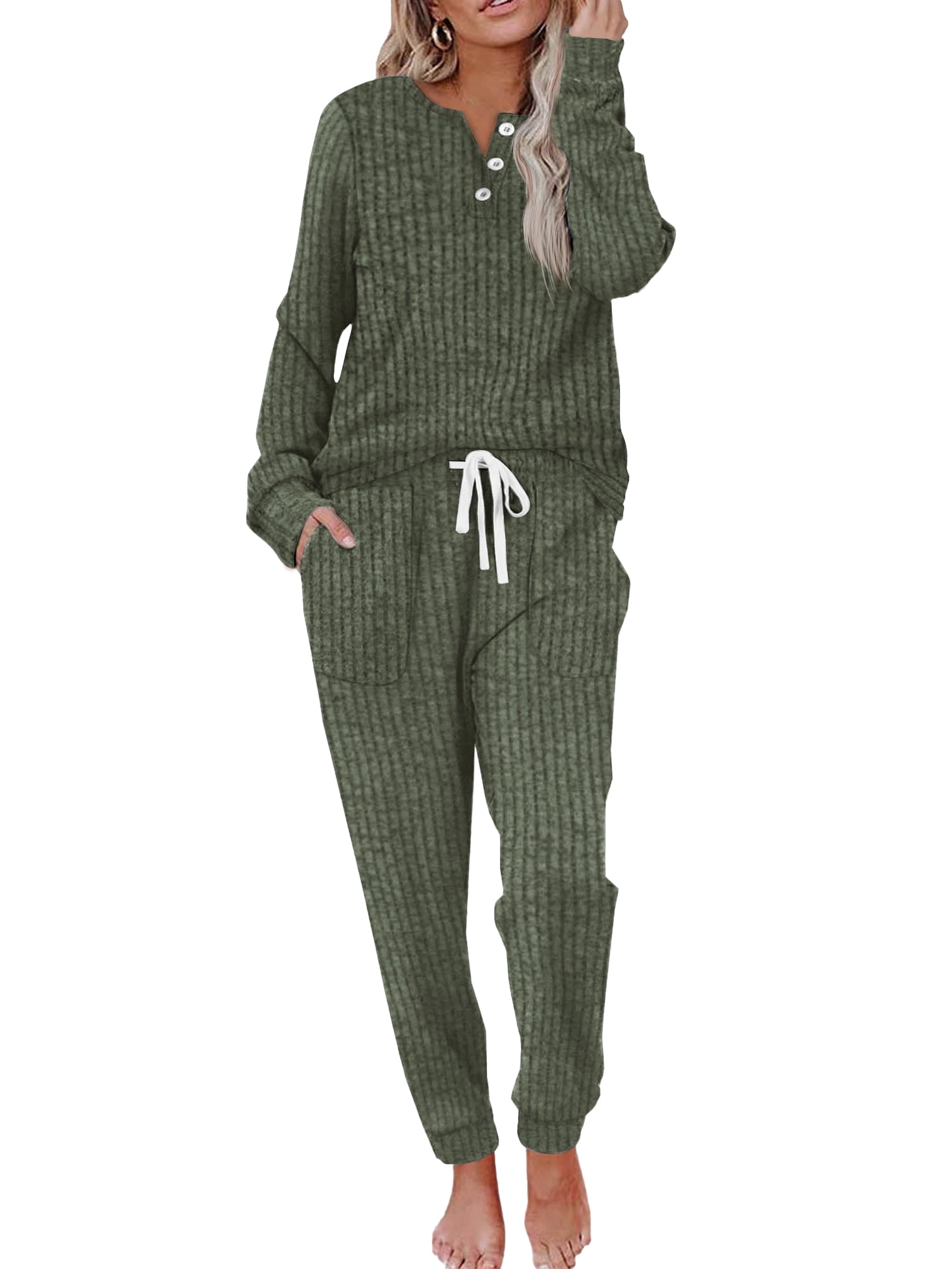 MOSHU Two Piece Womens Pajama Sets Button Down Shirts and Drawstring ...