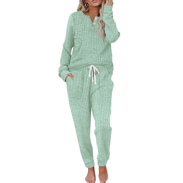 MOSHU Two Piece Womens Pajama Sets Button Down Shirts and Drawstring Pants with Pockets Solid ...