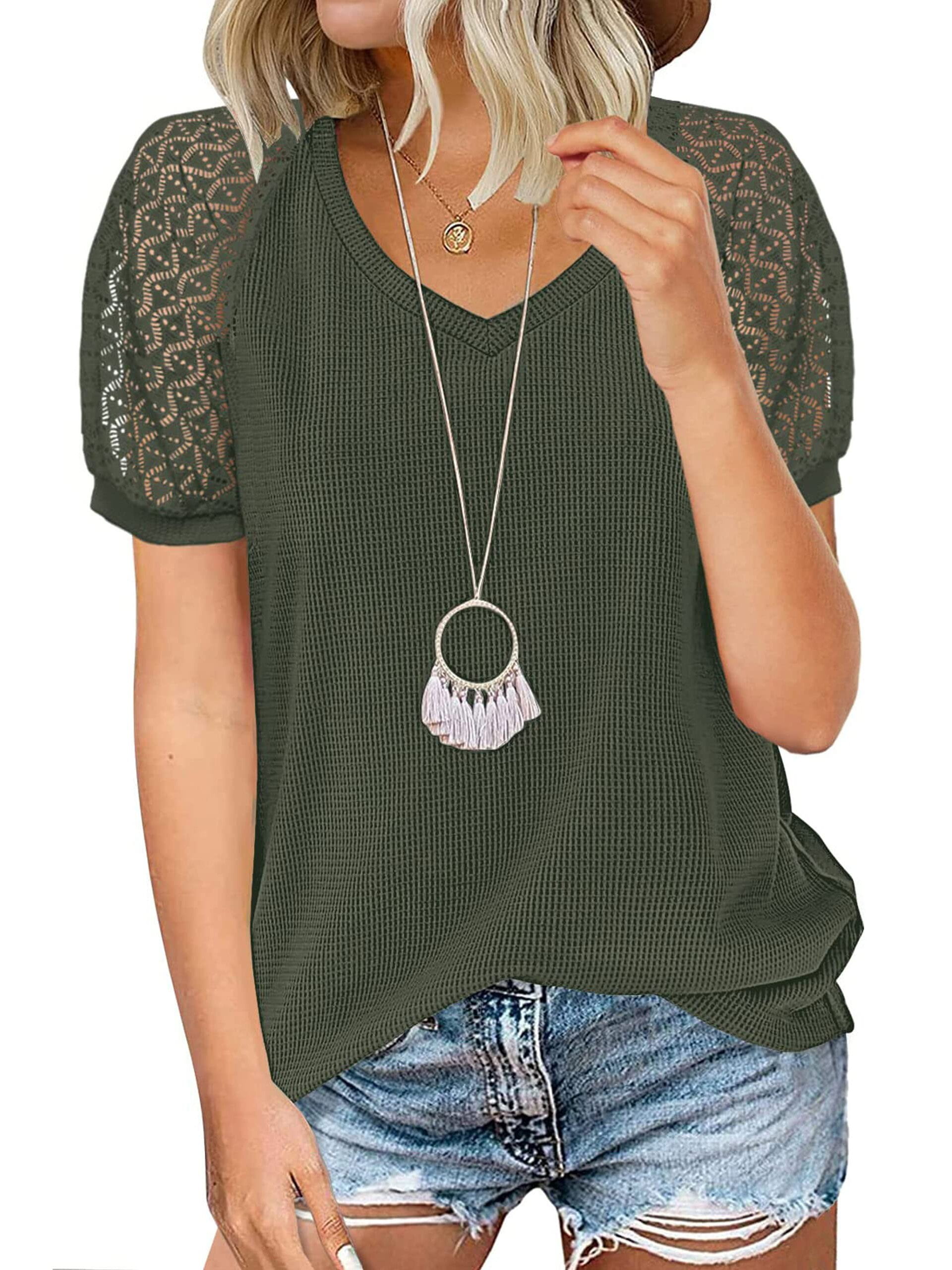 MOSHU V-Neck Lace Short Sleeve Blouses for Women, Casual Tops with Puff ...