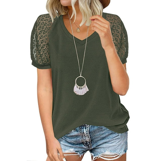 MOSHU V-Neck Lace Short Sleeve Blouses for Women, Casual Tops with Puff ...