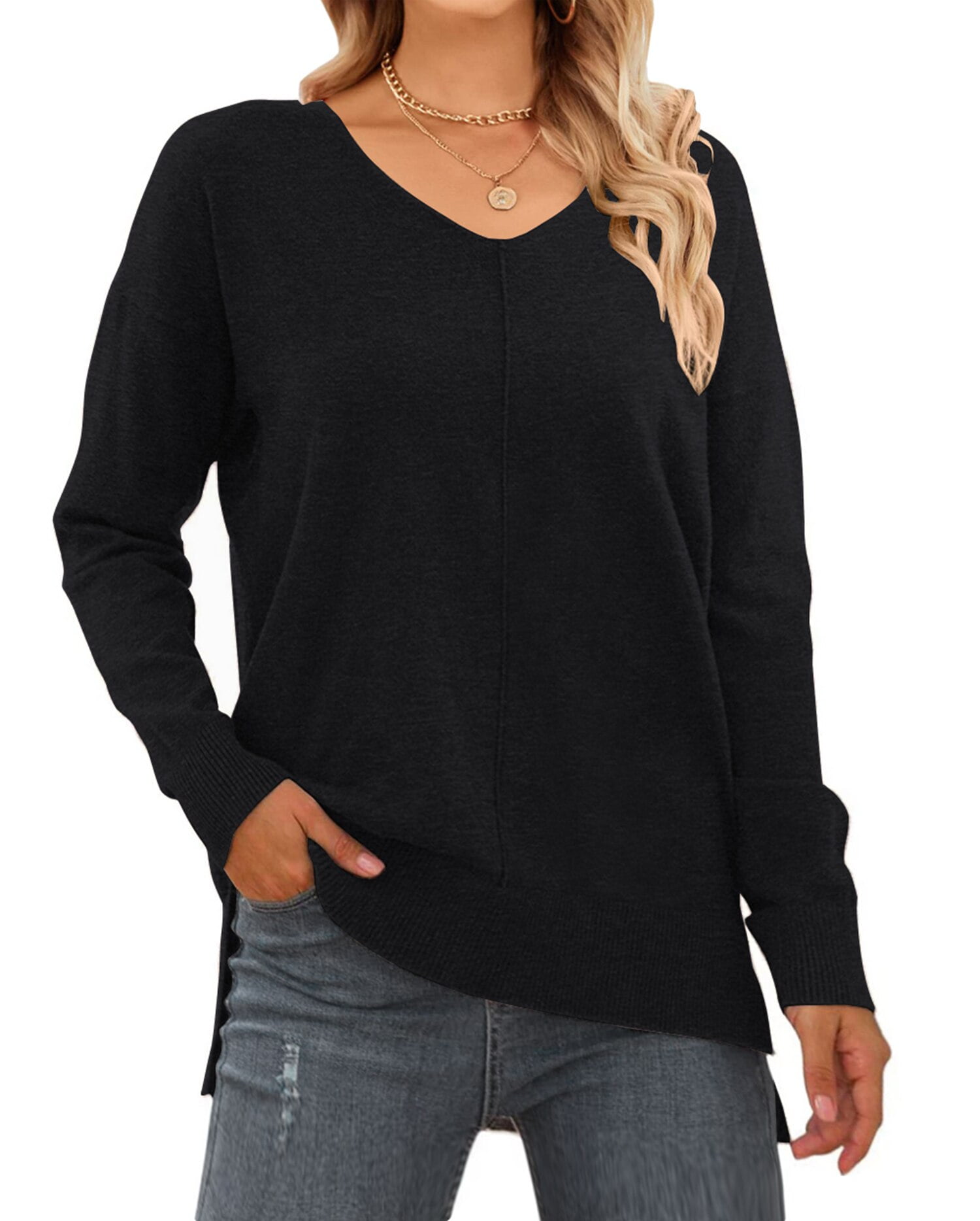 MOSHU V Neck Sweaters for Women Fall Lightweight Knit Pullover Sweater ...