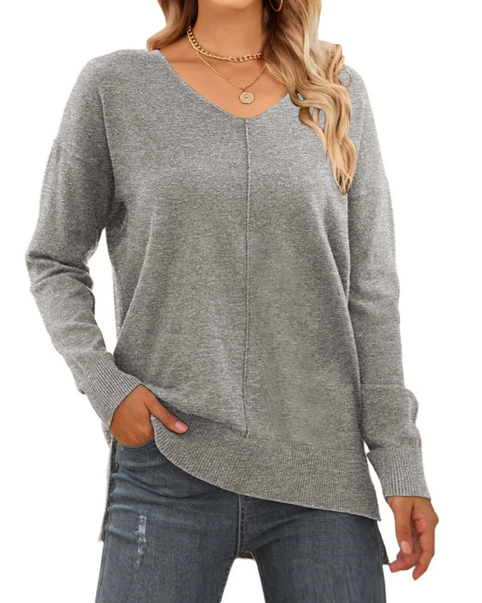 MOSHU V Neck Sweaters for Women Fall Lightweight Knit Pullover Sweater ...