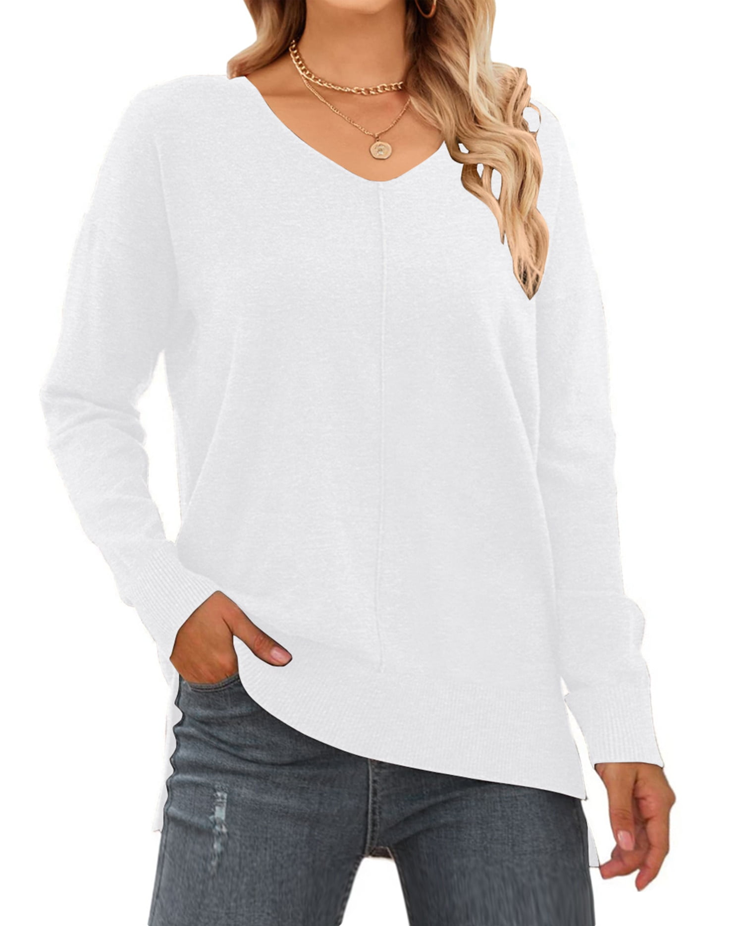 MOSHU V Neck Sweaters for Women Fall Lightweight Knit Pullover Sweater ...
