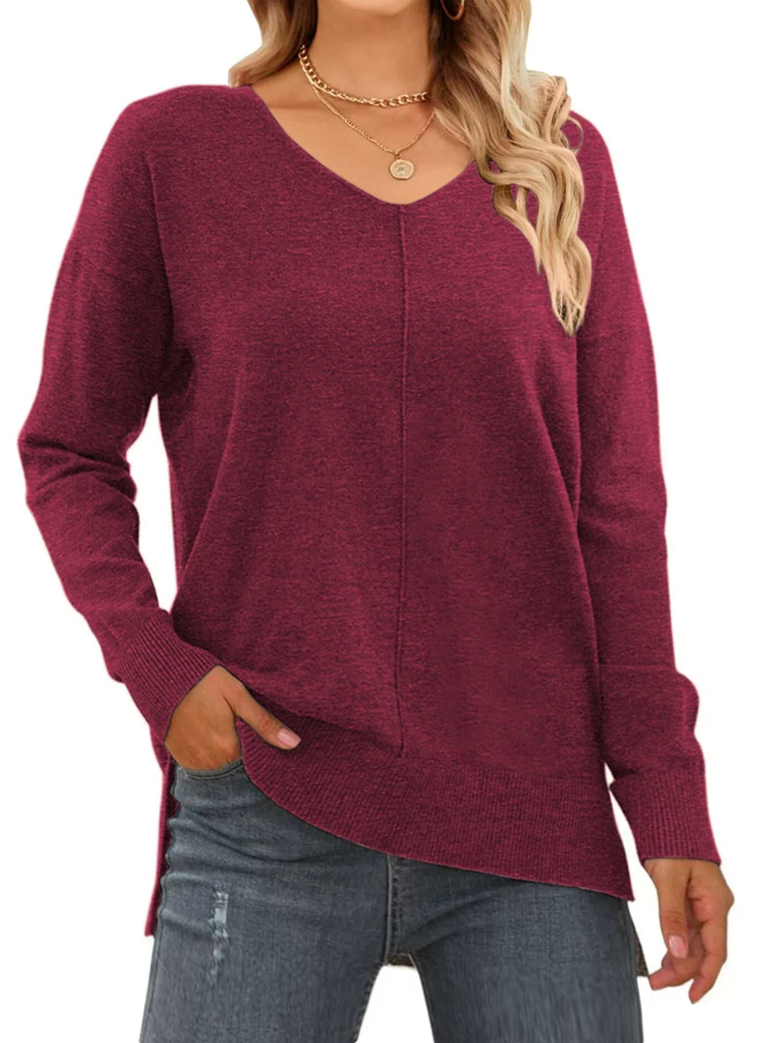 MOSHU V Neck Sweaters for Women Fall Lightweight Knit Pullover Sweater ...