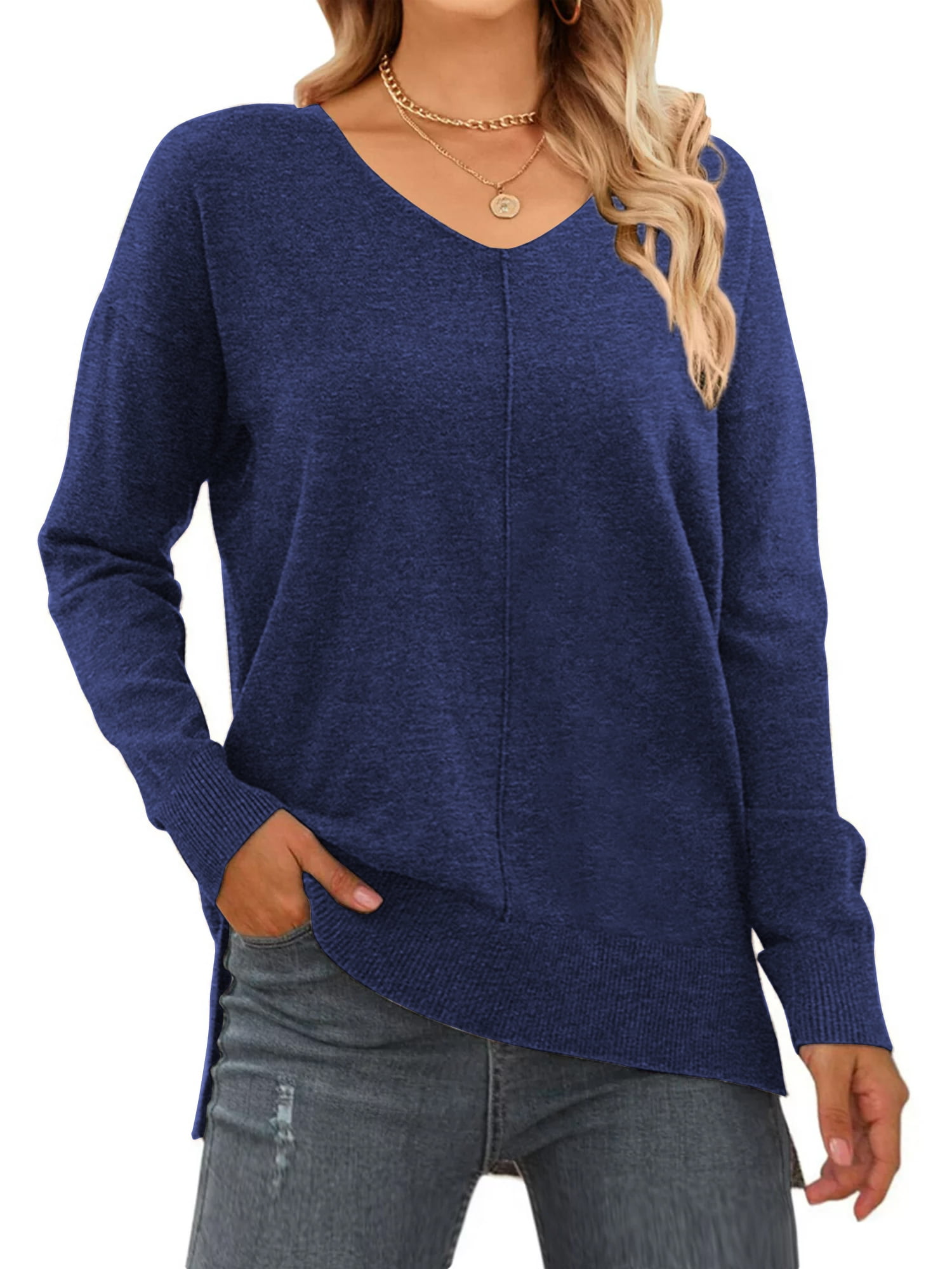 MOSHU V Neck Sweaters for Women Fall Lightweight Knit Pullover Sweater ...