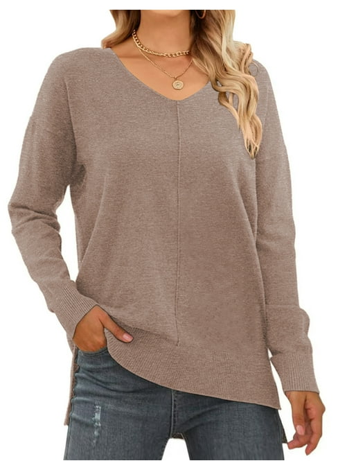 Wancir Women's V Neck Long Sleeve Pullover Sweater Lightweight Knit ...