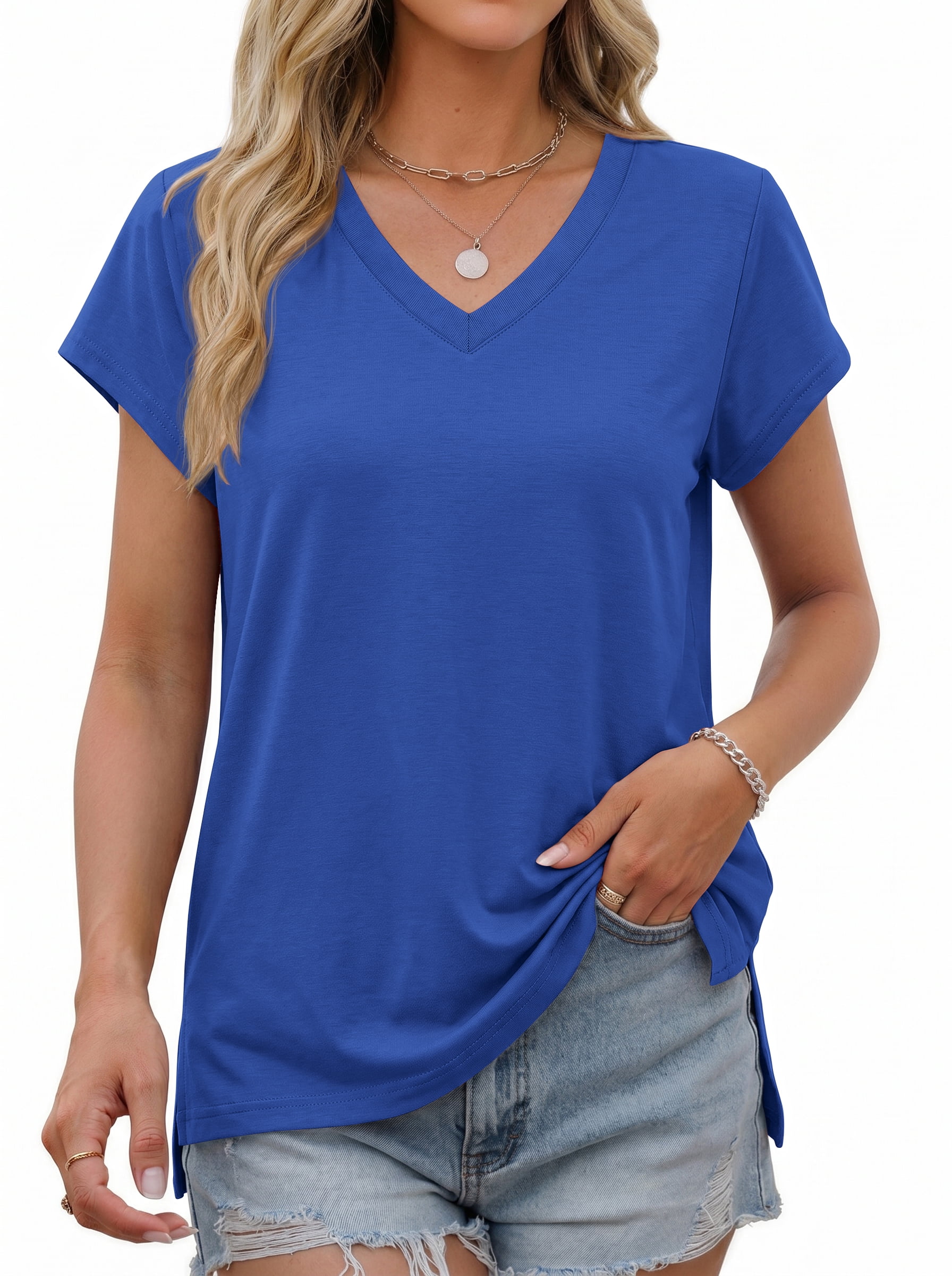 MOSHU V Neck T-Shirts for Womens Side Split Short Sleeve Shirts Loose ...