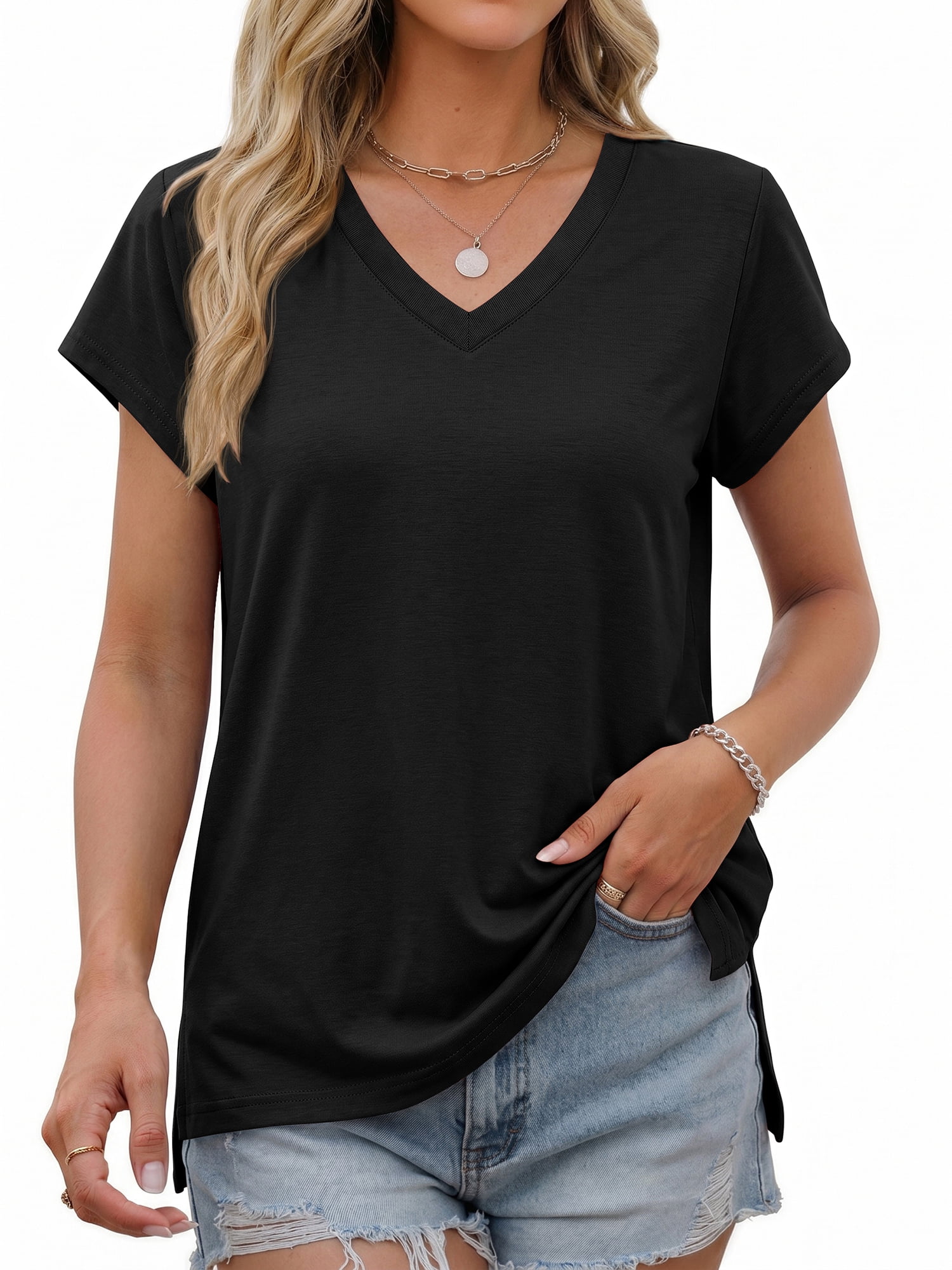 MOSHU V Neck T-Shirts for Womens Side Split Short Sleeve Shirts Loose ...