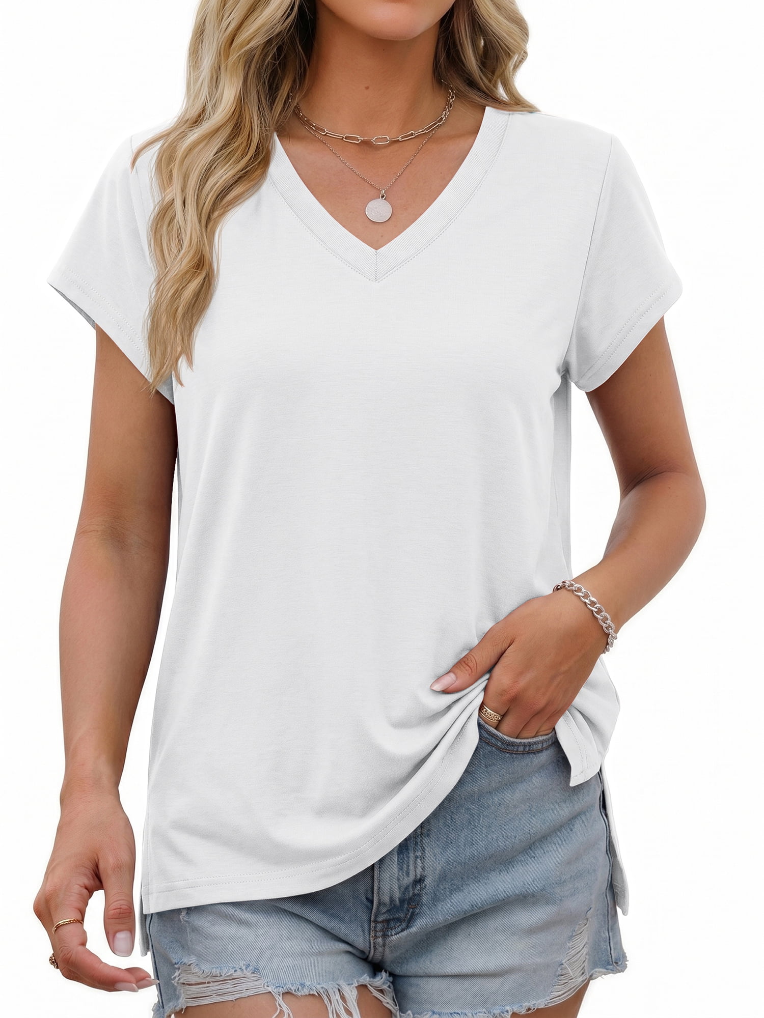 MOSHU V Neck T-Shirts for Womens Plus Size Side Split Short Sleeve ...