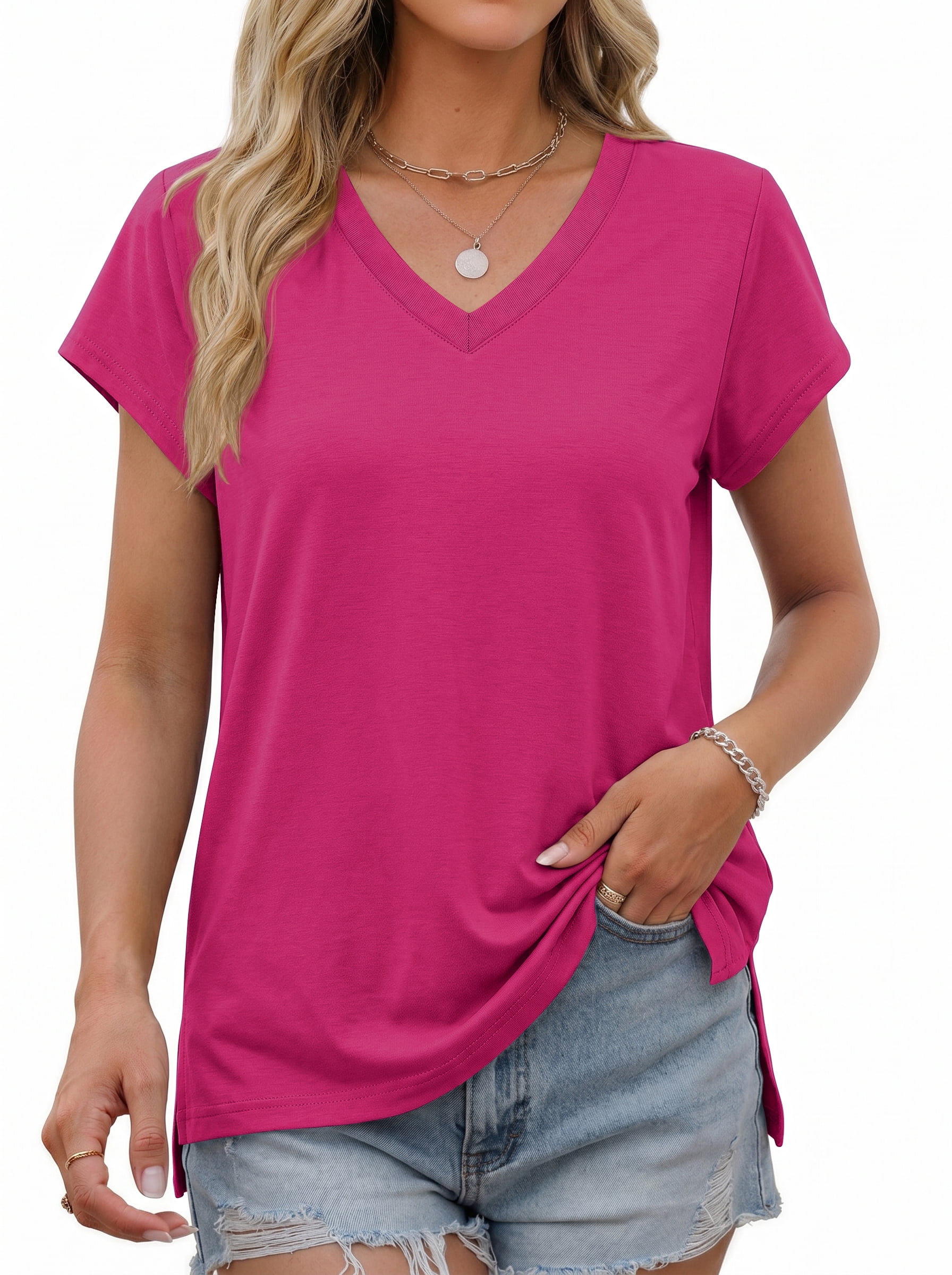 MOSHU V Neck T-Shirts for Womens Side Split Short Sleeve Shirts Loose ...