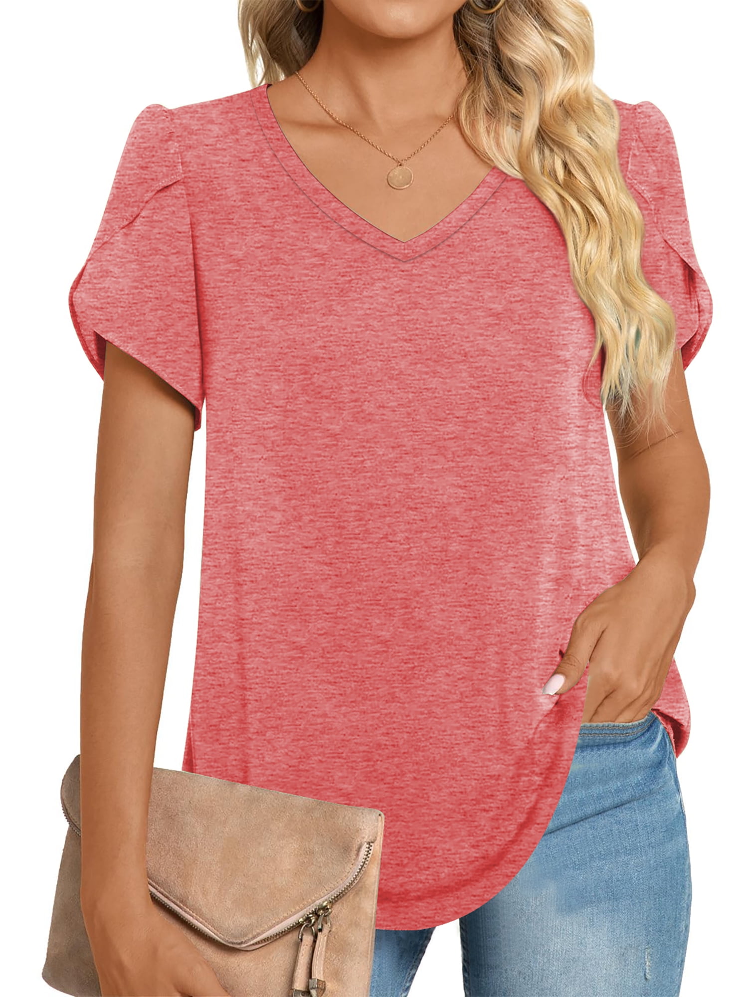 MOSHU V-Neck Tunic Tops for Women Petal Sleeve Summer Casual Shirts ...