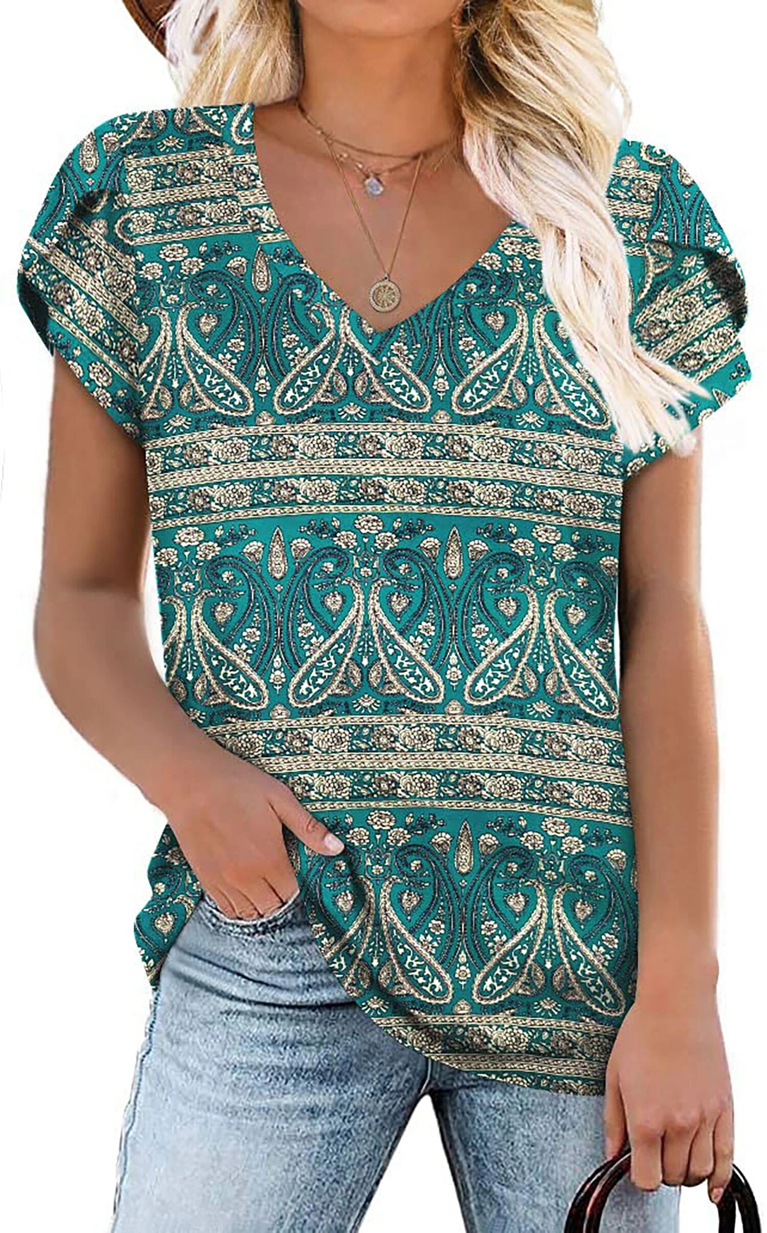 MOSHU Women's V-Neck Tunic Tops with Petal Sleeves, Casual Summer ...