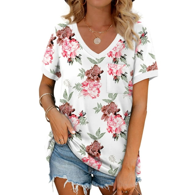 Moshu V Neck Women T Shirts Short Sleeve Loose Summer Tops For Women