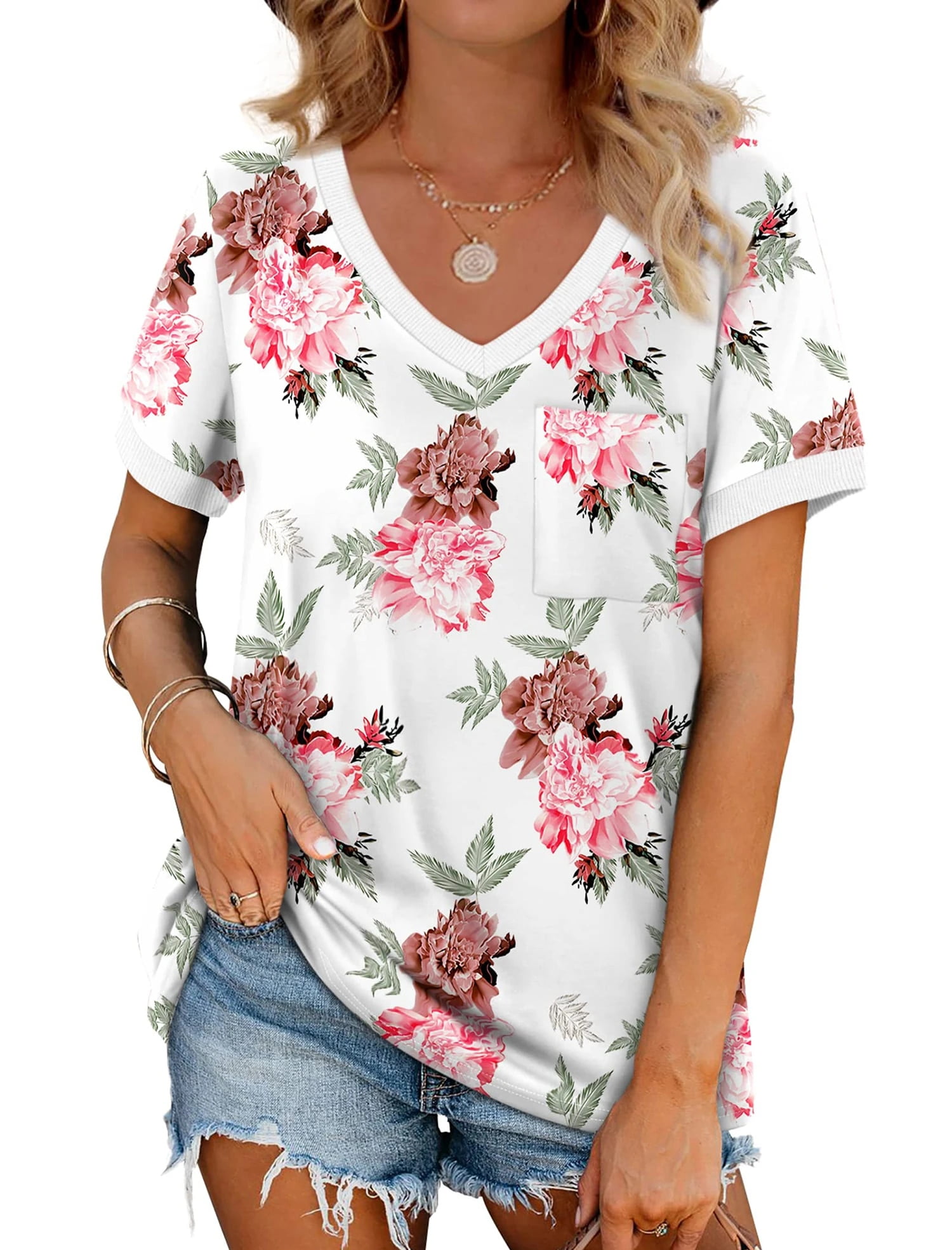 MOSHU V-Neck Women T-Shirts, Short Sleeve Loose Casual Summer Tops with ...
